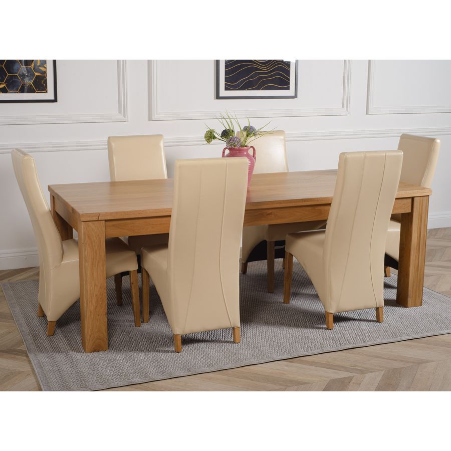 Dakota Extra Large Oak Dining Table with 6 Lola Ivory Leather Chairs ...