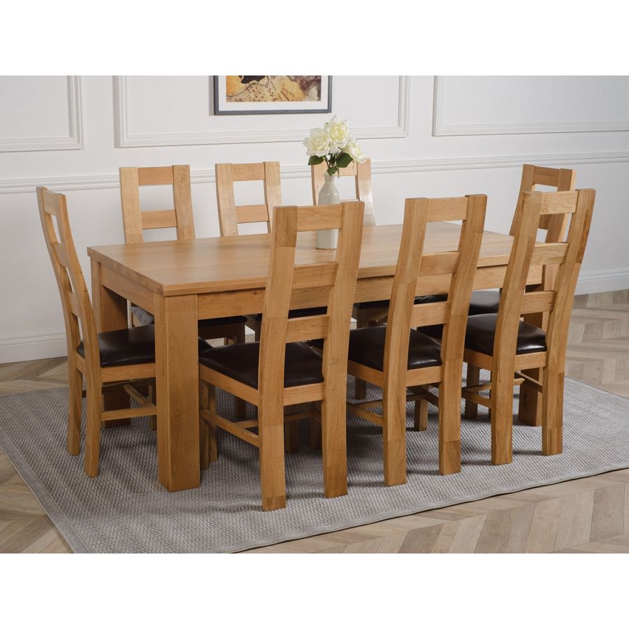 Dakota Large Oak Dining Table with 8 Yale Oak Chairs | Oak Furniture King