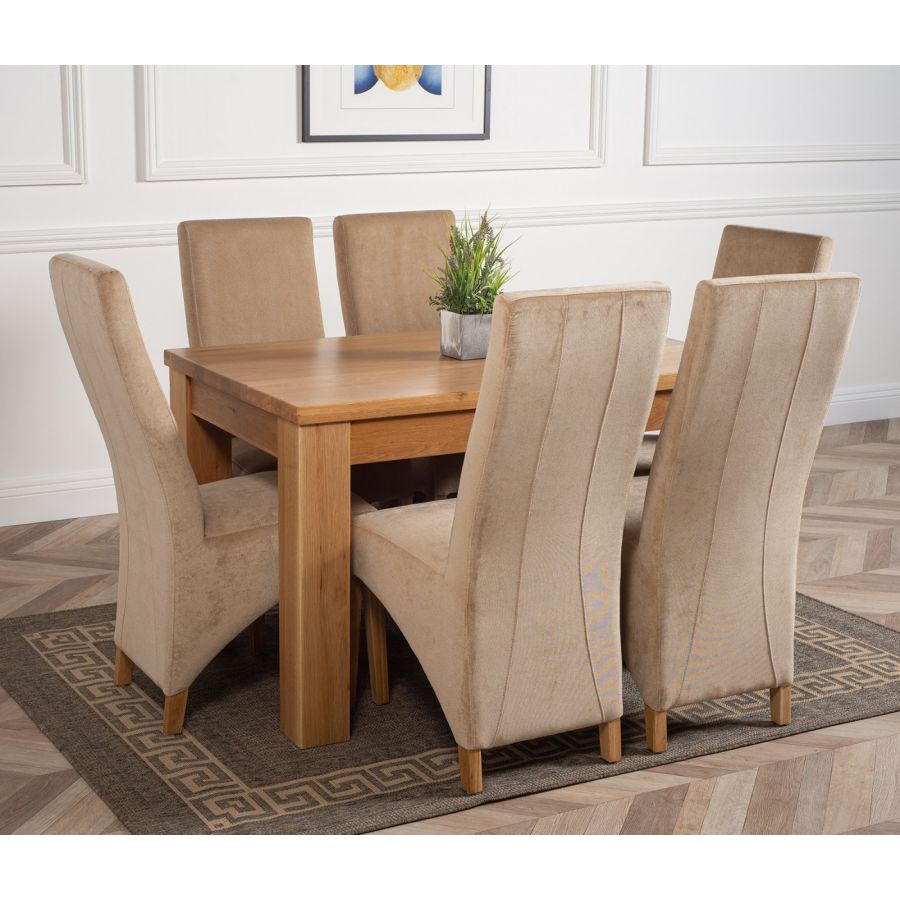 Dakota Small Oak Dining Table with 6 Lola Beige Fabric Chairs | Oak ...