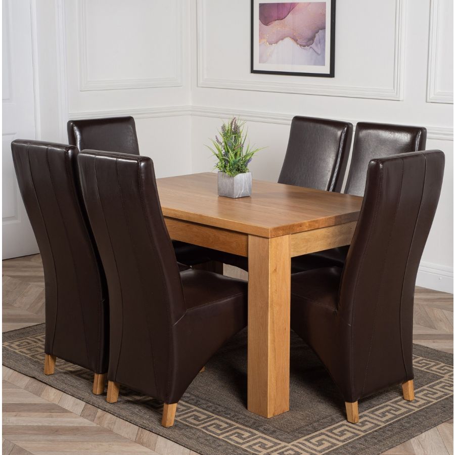Dakota Small Oak Dining Table with 6 Lola Brown Leather Chairs | Oak ...