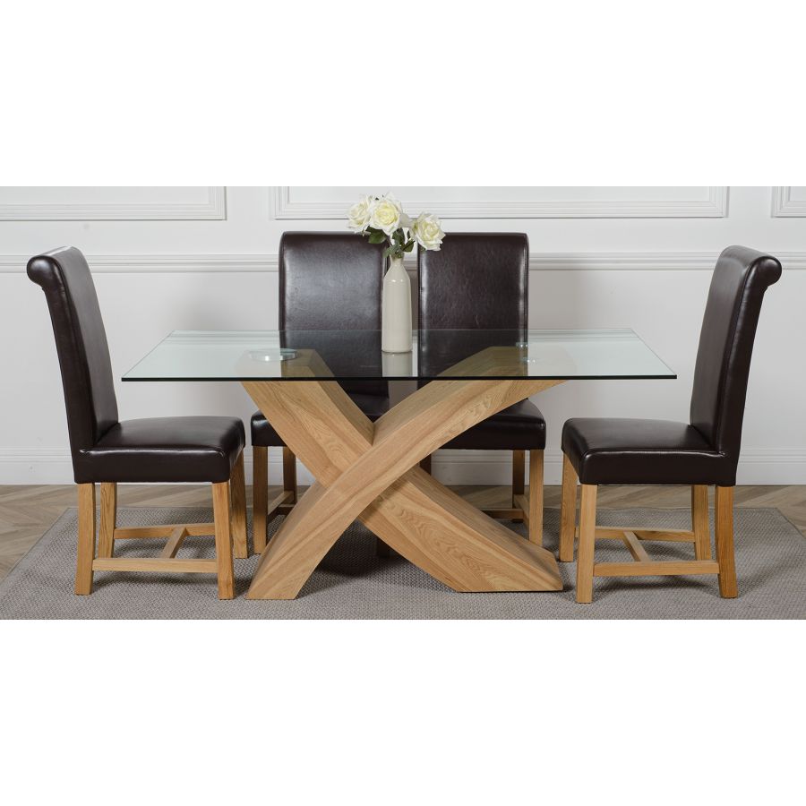 Valencia Oak Small Glass Dining Table 4 Washington Brown Leather Chairs